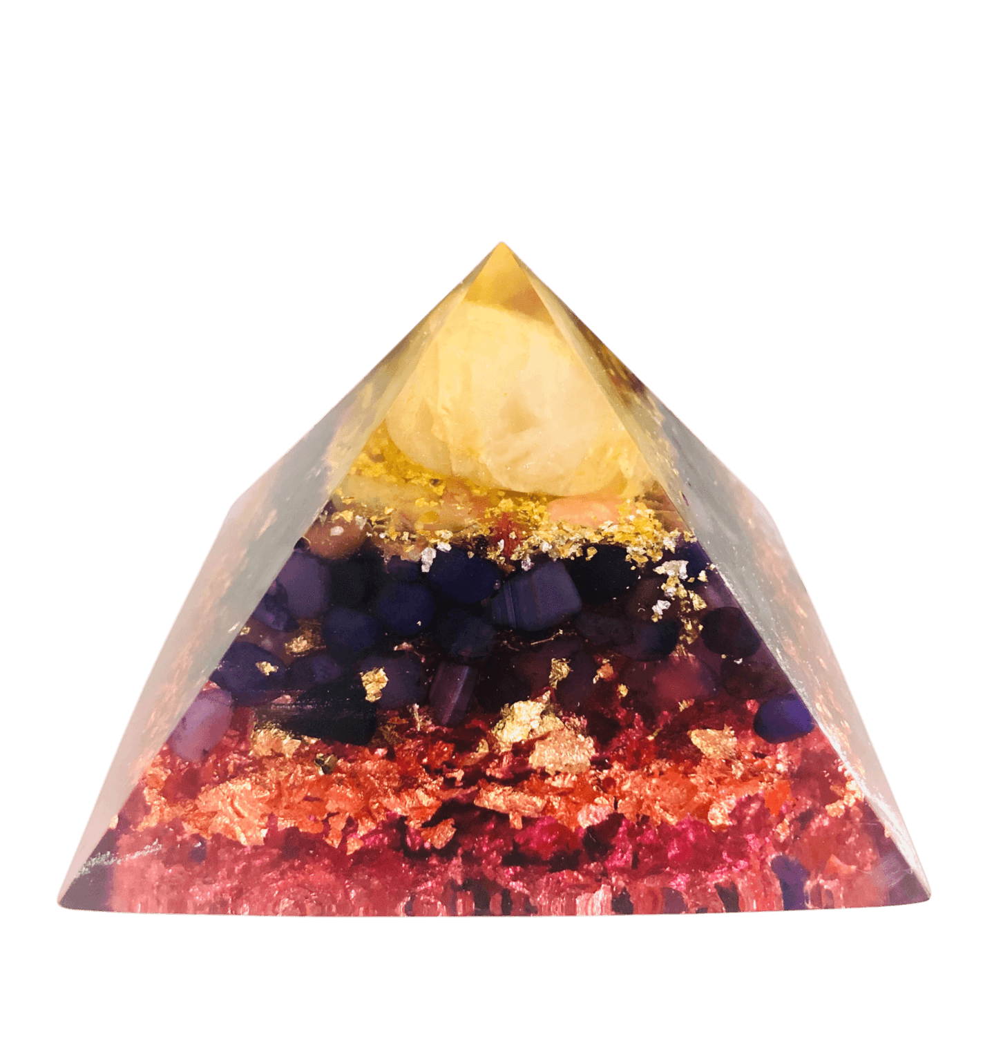 Orgonite piramide Golden healer met Tensor ring
